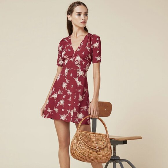 Reformation | Dresses | Reformation Rhoda Red Floral Print Deep V Mini ...